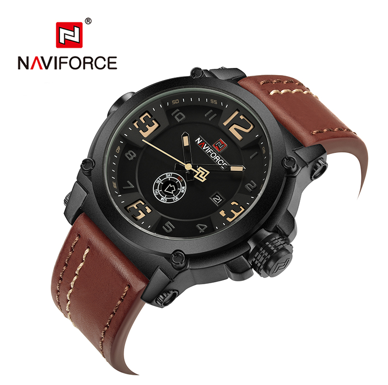 NAVIFORCE 9099 Leather Men Military Quartz Wirtwatch Calendar ...